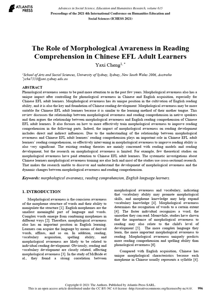 The Role of Morphological Awareness in Reading Comprehension in Chinese ...