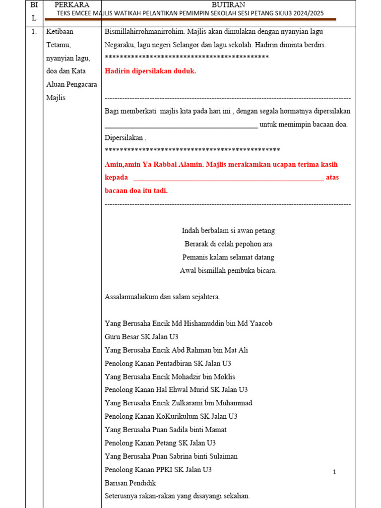 Teks Emcee Watikah Pelantikan Pemimpin Sekolah SKJU3 2024 - 2025 | PDF