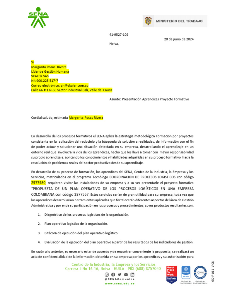 Carta para Empresa Grupo 3 Ficha 2977780 | PDF | Business | Aprendizaje