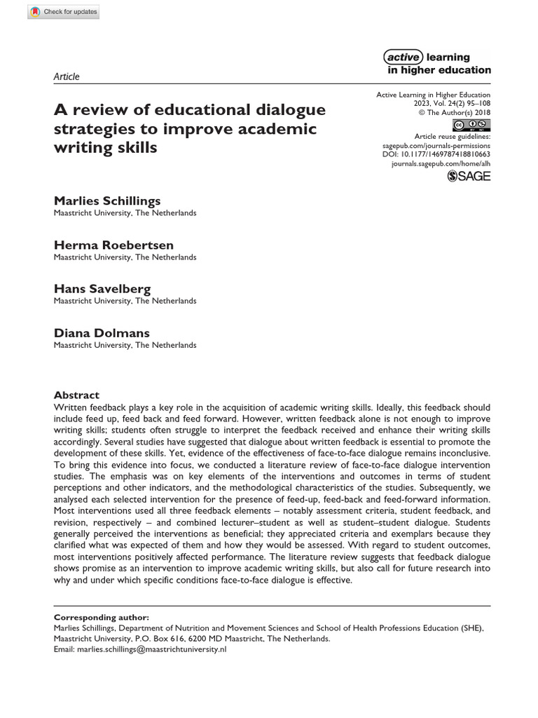 Schillings Et Al 2018 A Review of Educational Dialogue Strategies To Improve Academic Writing ...