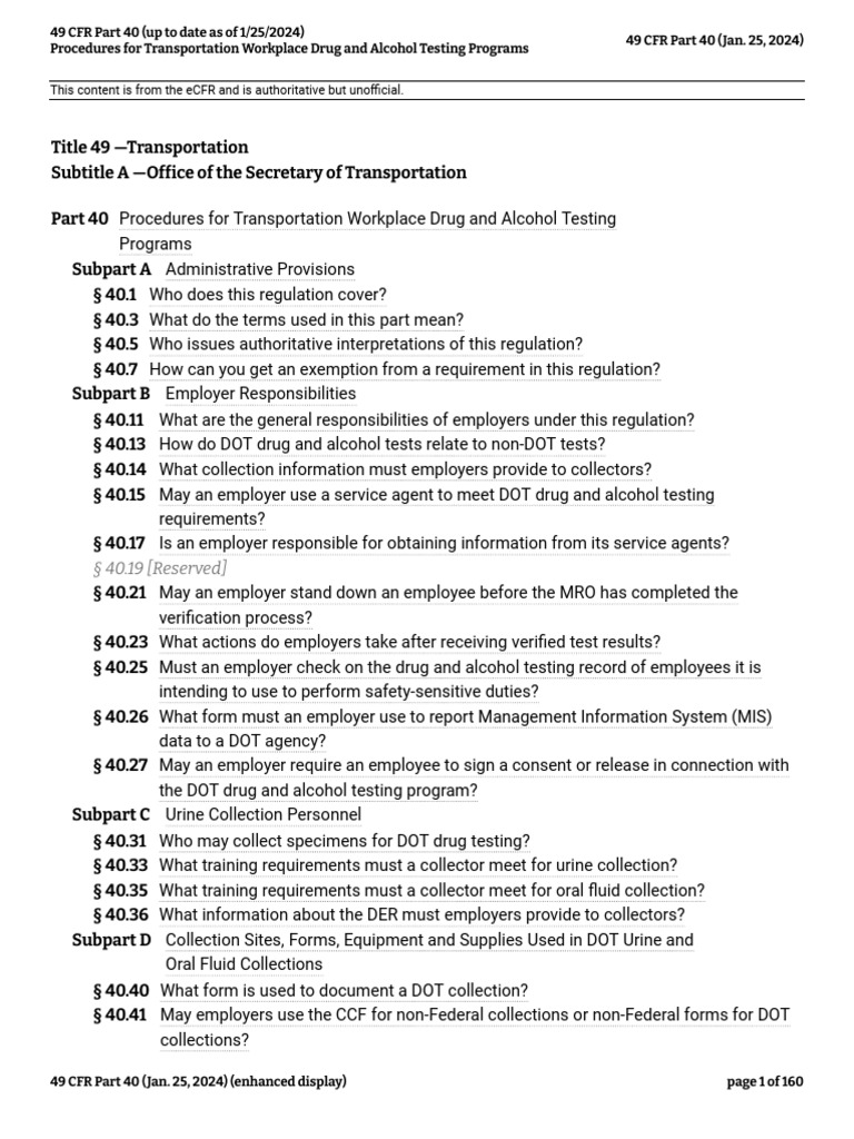 49 CFR Part 40 (Up To Date As of 1-25-2024) | PDF | Drug Test ...