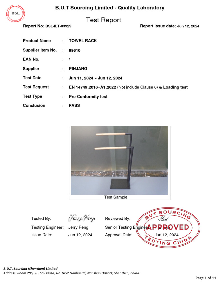 EN 14749:2016 Test Report for Towel Rack | PDF | Door | Force