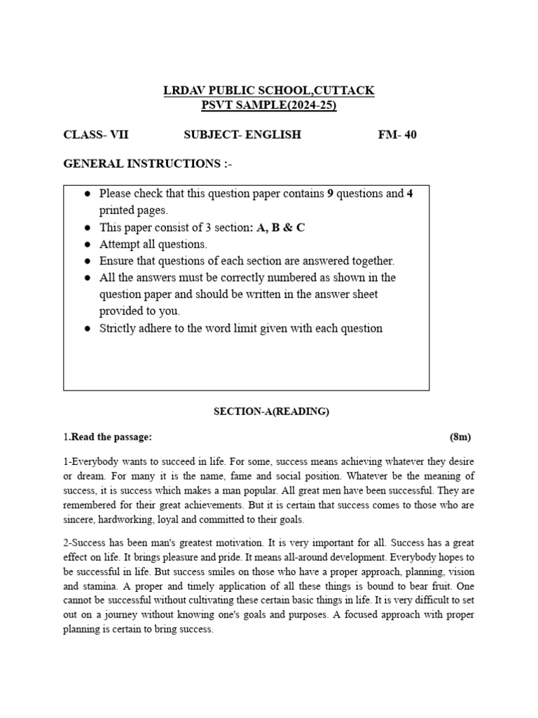 Class VII English Exam Paper 2024-25 | PDF