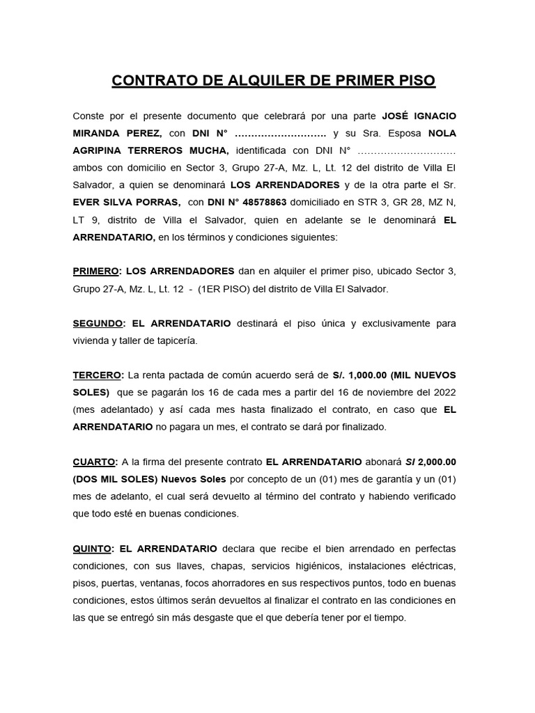 FORMATO - CONTRATO DE ALQUILER DE PISO | PDF