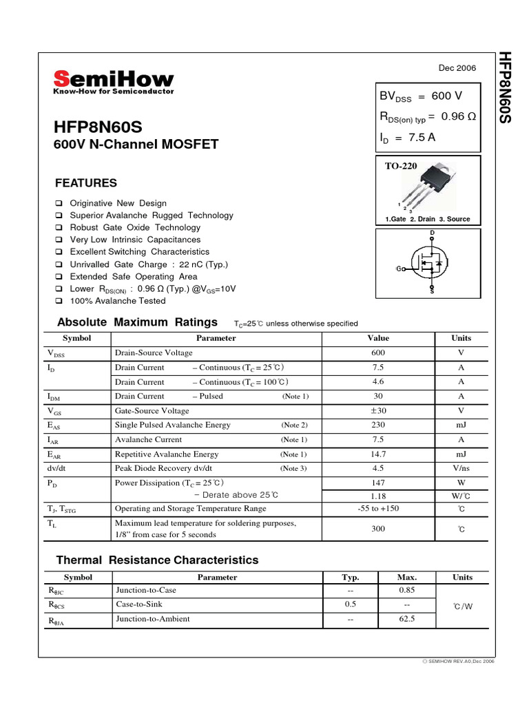HFP8N60S-SemiHow | PDF | Field Effect Transistor | Diode