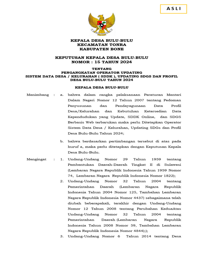 SK Operator Updating SDDK, SDGS Dan Profil Desa 2024 | PDF