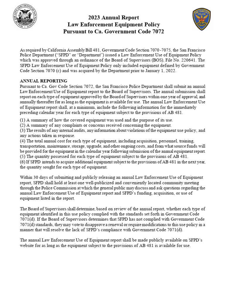 SFPD Military Equipment Use Annual Report | PDF | Firearms | Flight