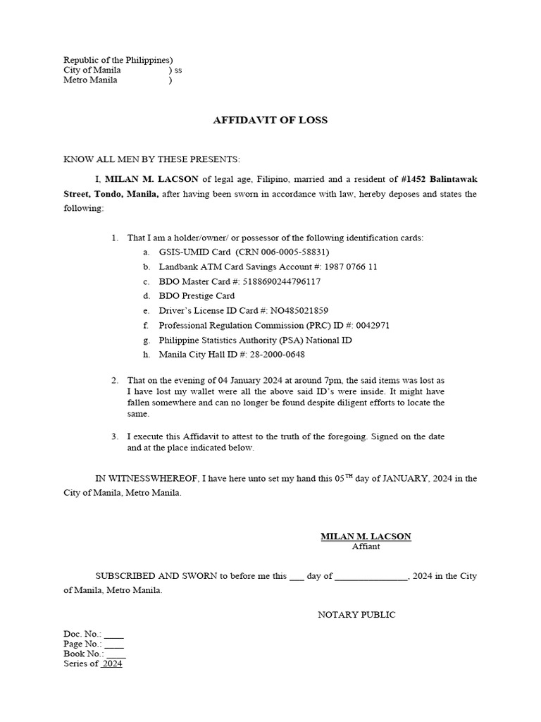 Affidavit of Loss | PDF | Affidavit | Civil Law (Common Law)