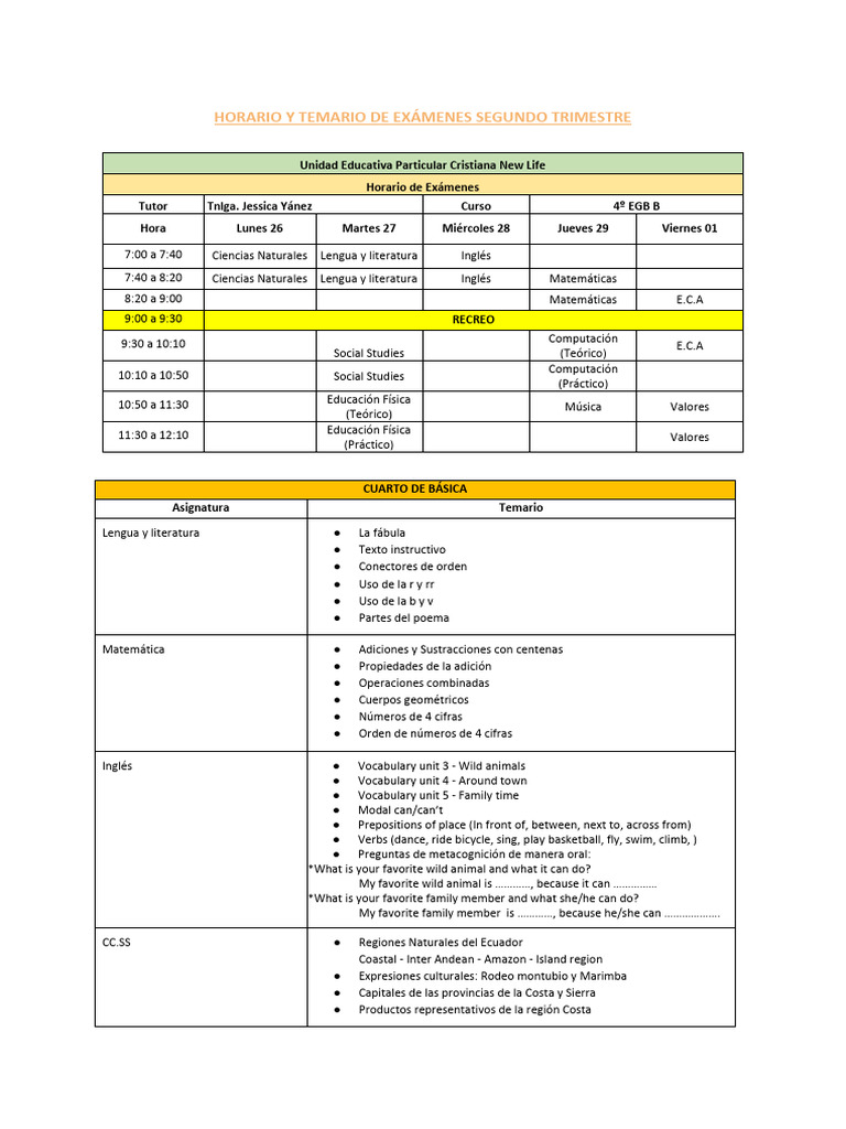 Horario y Temario de Exámenes 2do Trimestre | PDF