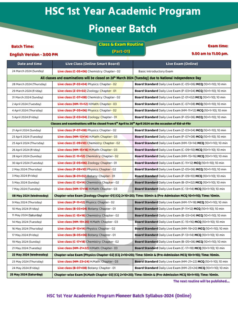 HSC 1st Year Class & Exam Schedule | PDF | Euclidean Vector | Line ...