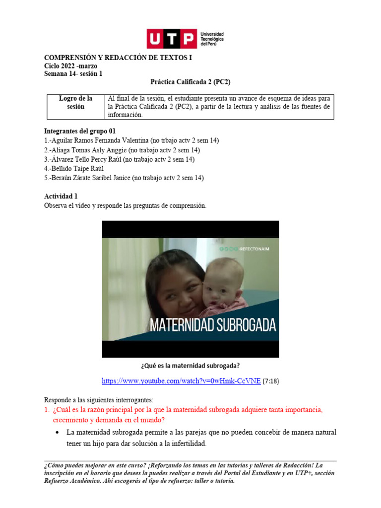 SO14 S2 Preparación para La PC2 G 01 ESQUEMA | PDF | Subrogación | Reproducción humana