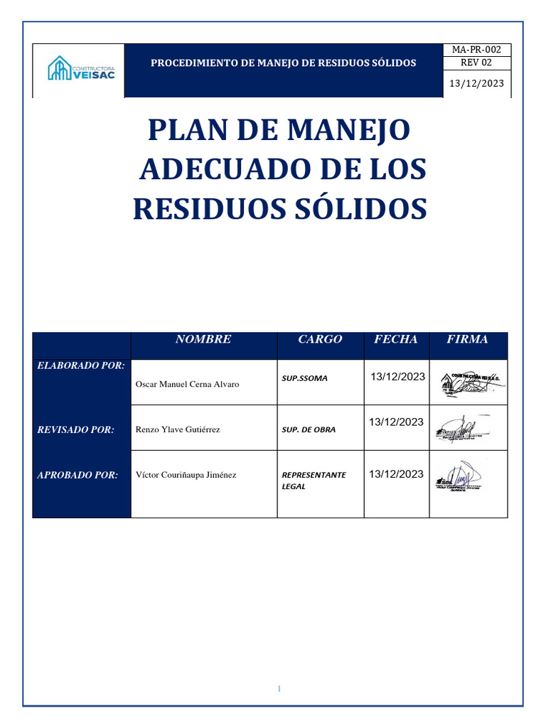 Plan de Manejo de Residuos Solidos Peligrosos y No Peligrosos - Veisac | PDF | Residuos | Reciclaje