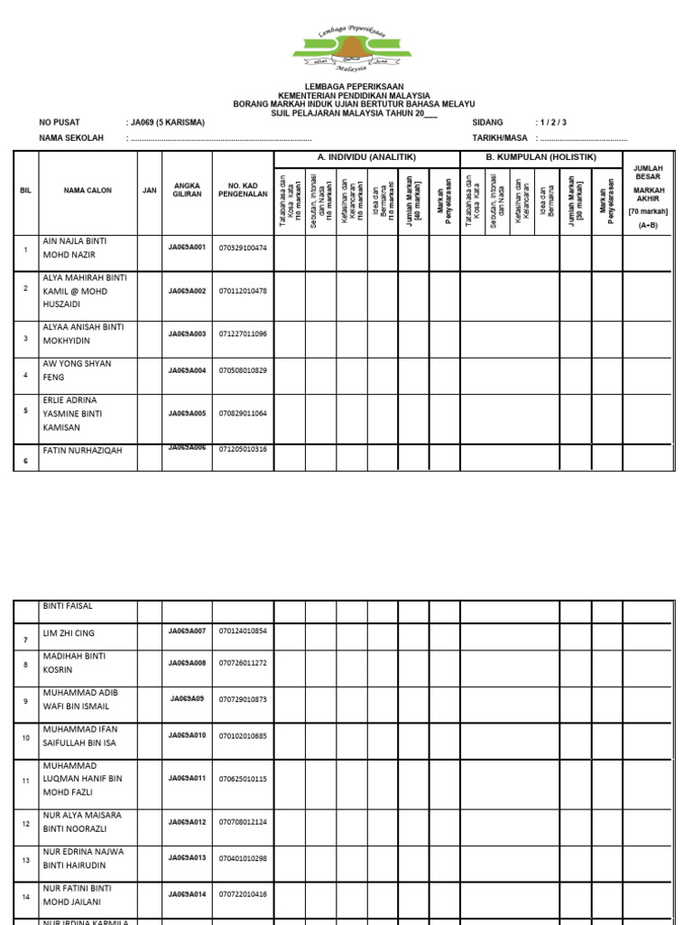 BORANG UBBM TING. 5.docx 2024 | PDF