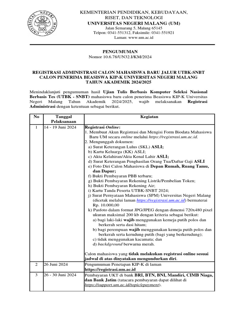Pengumuman Registrasi Maba Jalur Utbk SNBT Kip K | PDF