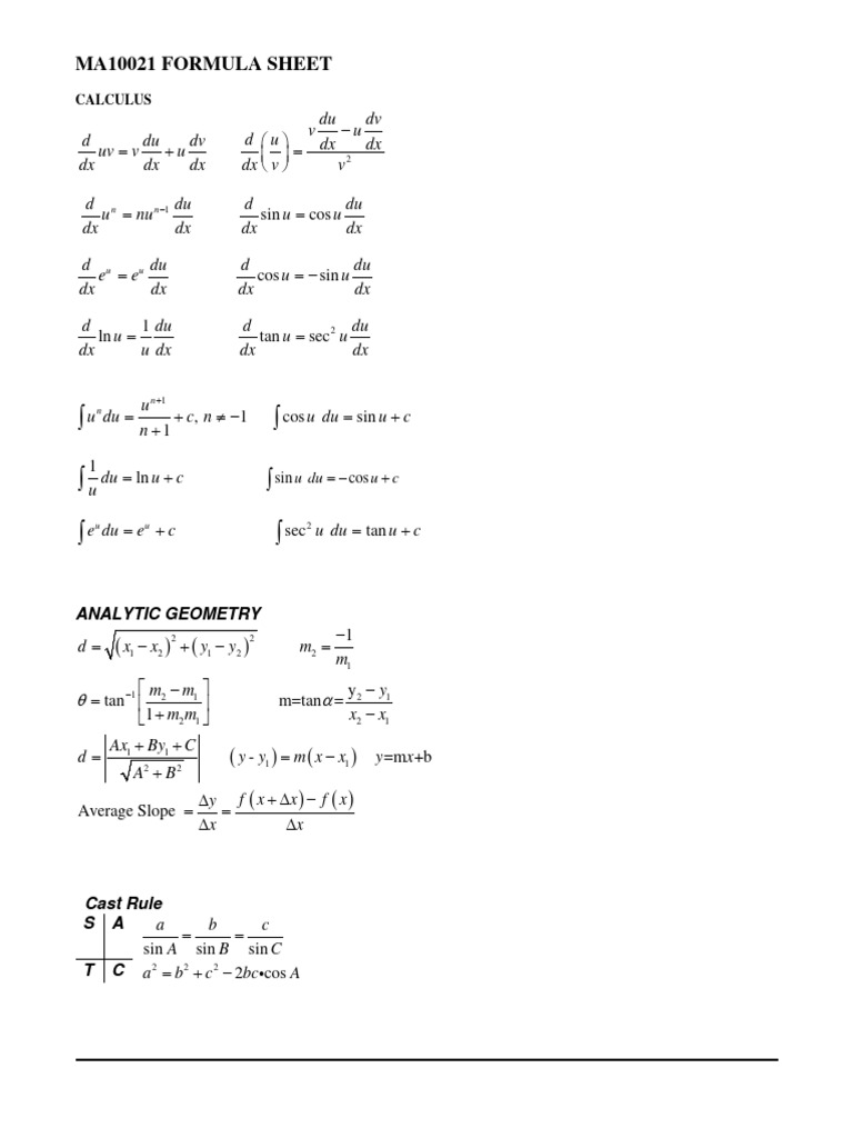 Calculus and Geometry Formula Sheet | PDF | Functions And Mappings ...
