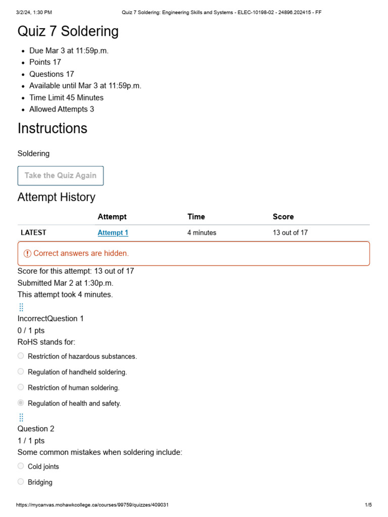 Quiz 7 Soldering - Engineering Skills and Systems - ELEC-10198-02 ...