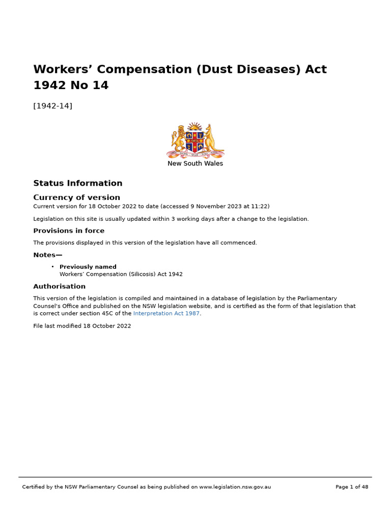 Workers Compensation (Dust Diseases) Act 1942 | PDF | Insurance | Workers' Compensation