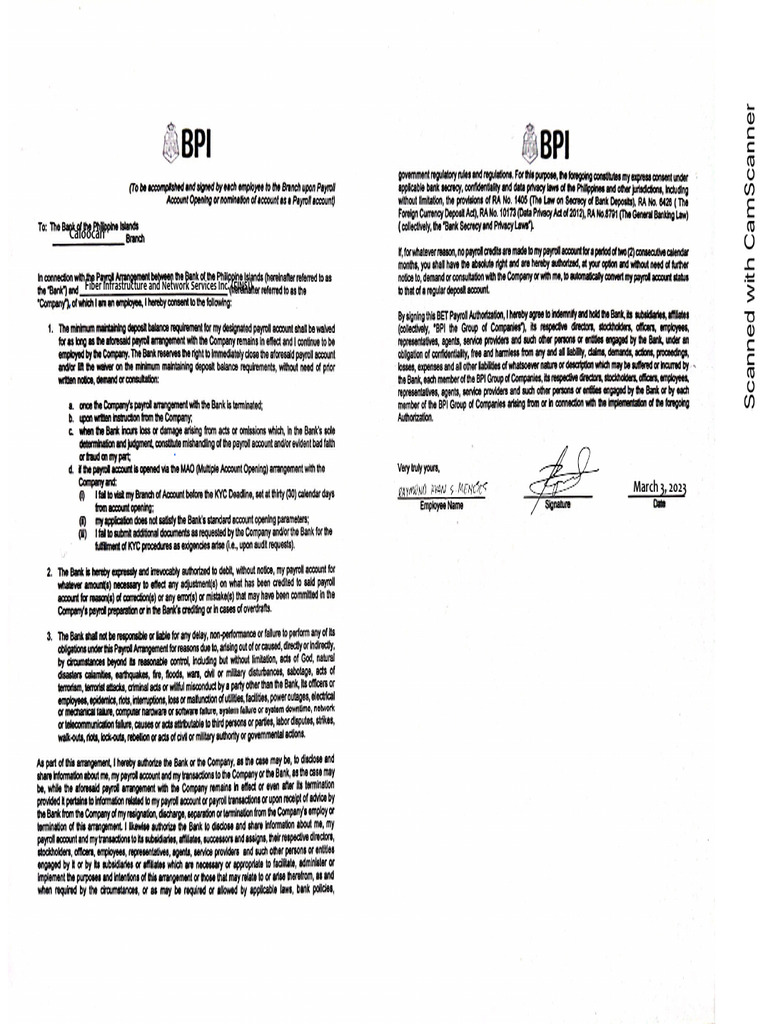 BPI Payroll Agreement (Personal To Payroll) | PDF | Technology ...