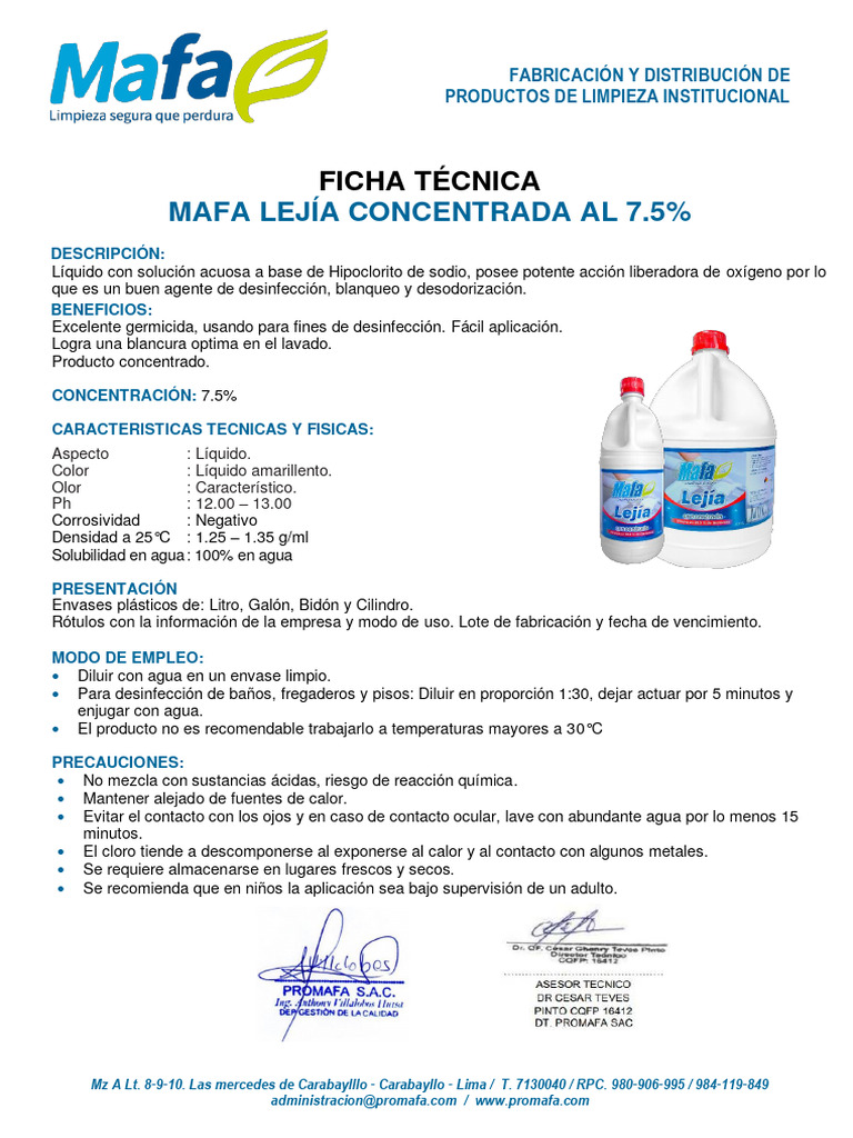 Lejía Concentrada 7.5% para Desinfección | PDF