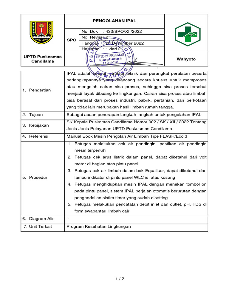 Spo Pengolahan Ipal 2022 | PDF