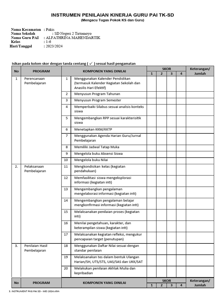 Instrumen Penilaian Kinerja Guru Pai TK | PDF | Karier & Perkembangan