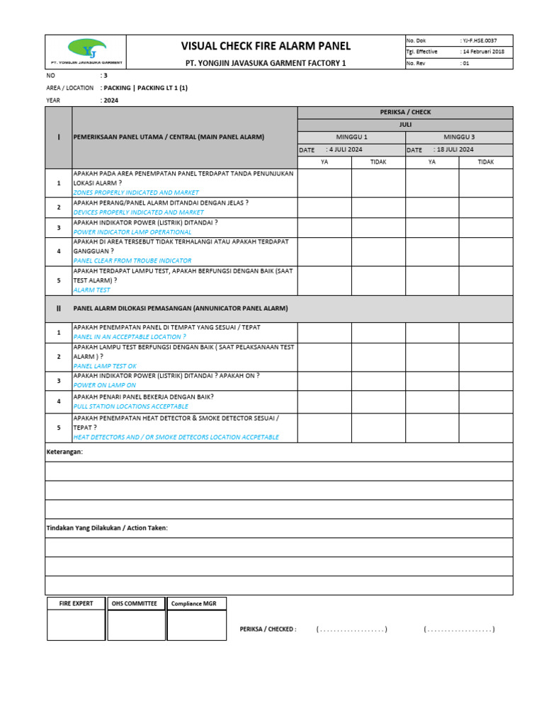Visual Check Fire Alarm Panel: Pt. Yongjin Javasuka Garment Factory 1 | PDF