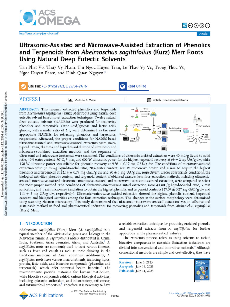 Vo Et Al 2023 Ultrasonic Assisted and Microwave Assisted Extraction of Phenolics and Terpenoids ...