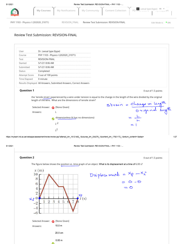 PHY 1103 Revision Test Submission Review | PDF | Force | Acceleration