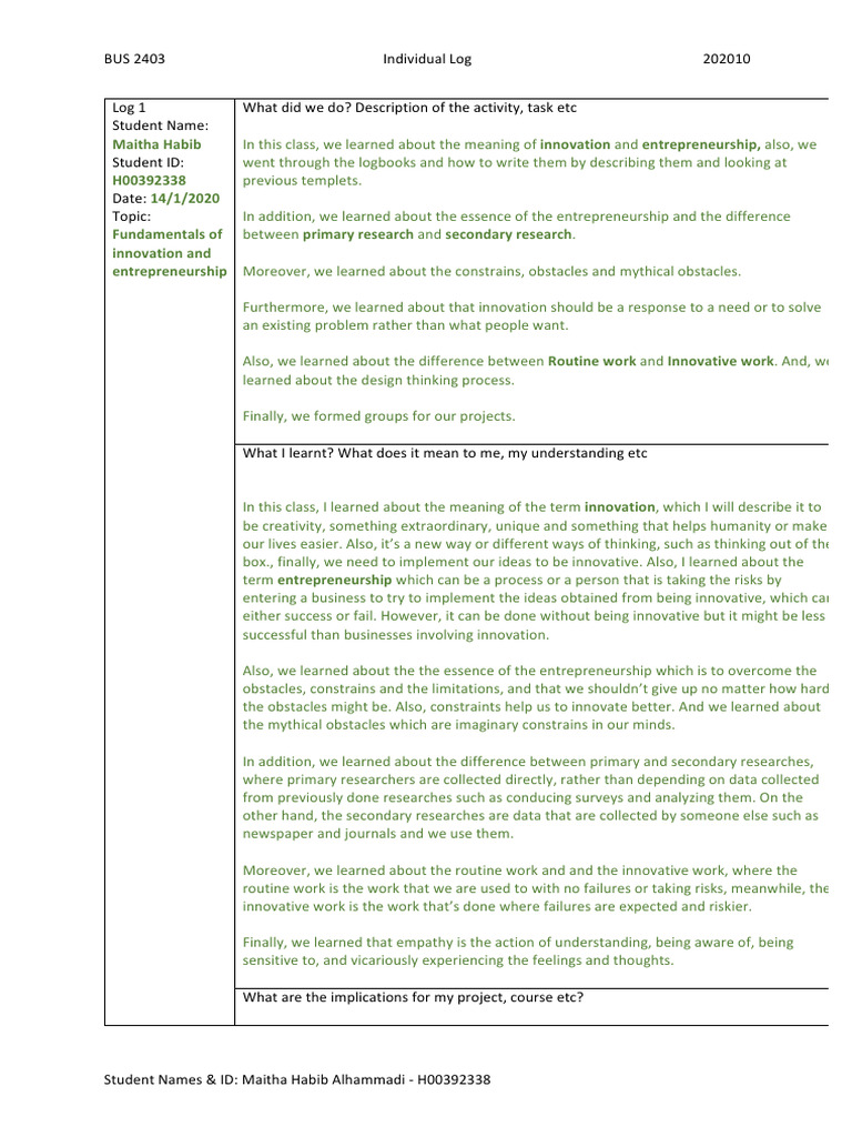 Innovation and Entrepreneurship Log | PDF | Thought | Design Thinking