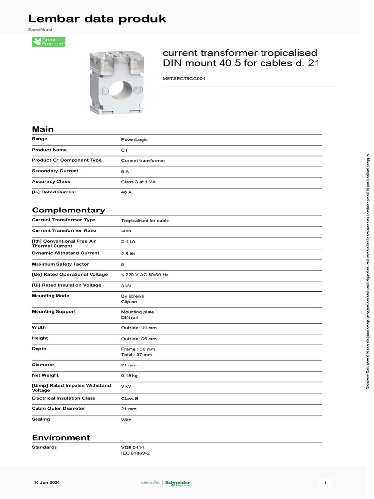 Schneider Electric - Current-transformer-T1 - METSECT5CC004 | PDF