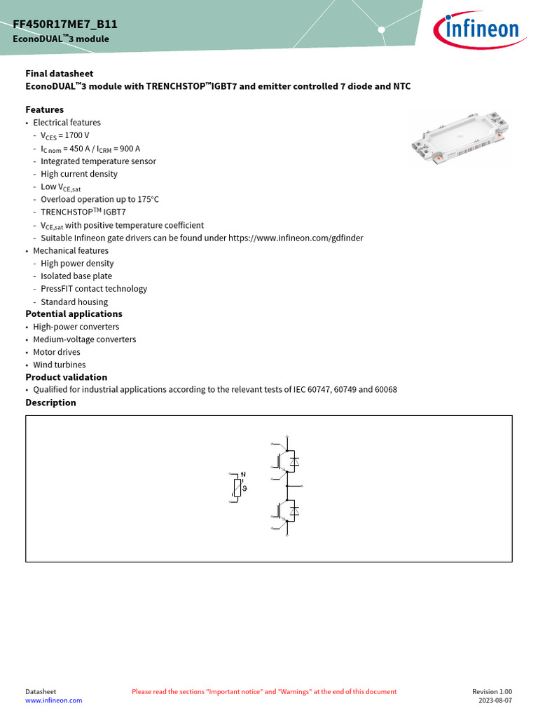 Infineon FF450R17ME7 - B11 DataSheet v01 - 00 EN | PDF | Electromagnetism | Electronic Engineering