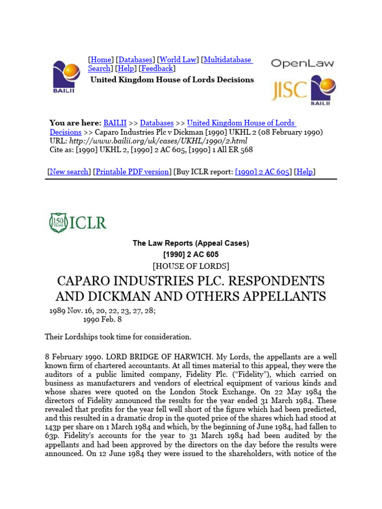 Caparo Vs Dickman | PDF | Negligence | Common Law