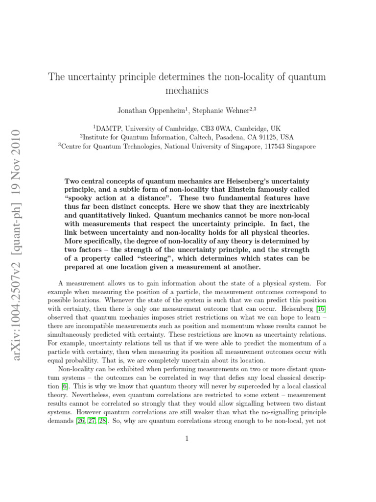The Uncertainty Principle Determines The Non-Locality of Quantum Mechanics | PDF | Uncertainty ...