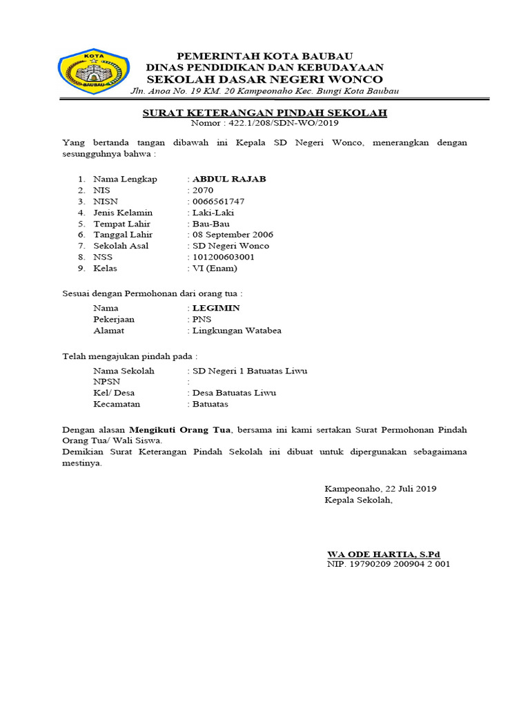 Surat Pindah Siswa Pdf