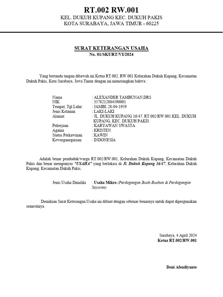 SURAT KETERANGAN USAHA RT | PDF