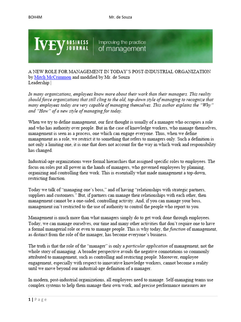 A New Role For Management in Today AdS | PDF | Transformational ...