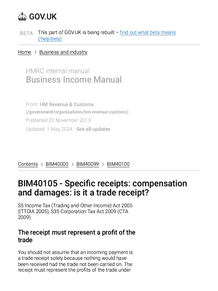 BIM40105 - Specific Receipts - Compensation and Damages - Is It A Trade ...