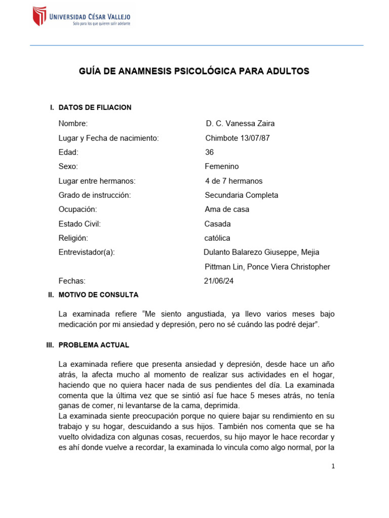 Anamnesis Completa Vanessa Deza Serna | PDF | Infidelidad