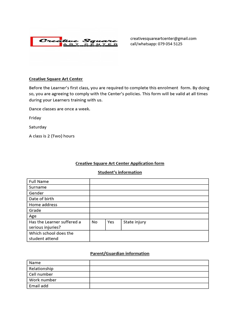 Creative Square Art Center Enrollment Form | PDF | Career & Growth ...