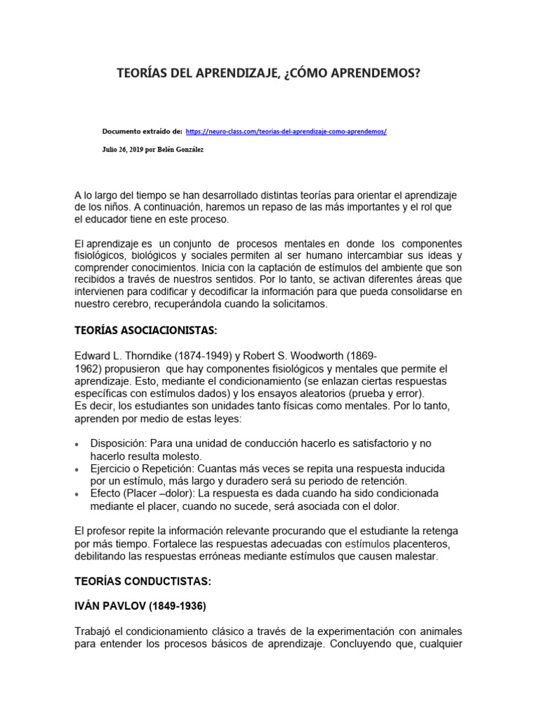 Teorías Del Aprendizaje | PDF | Aprendizaje | Pensamiento