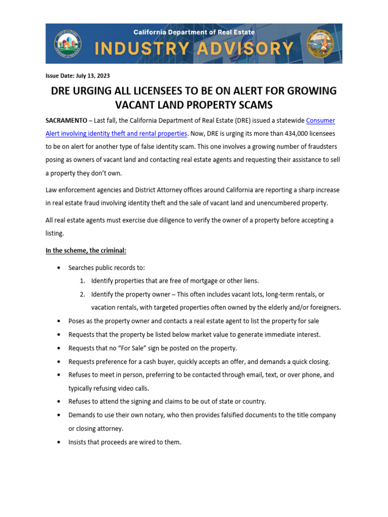 Alert: Vacant Land Property Scams | PDF | Identity Theft | Common Law