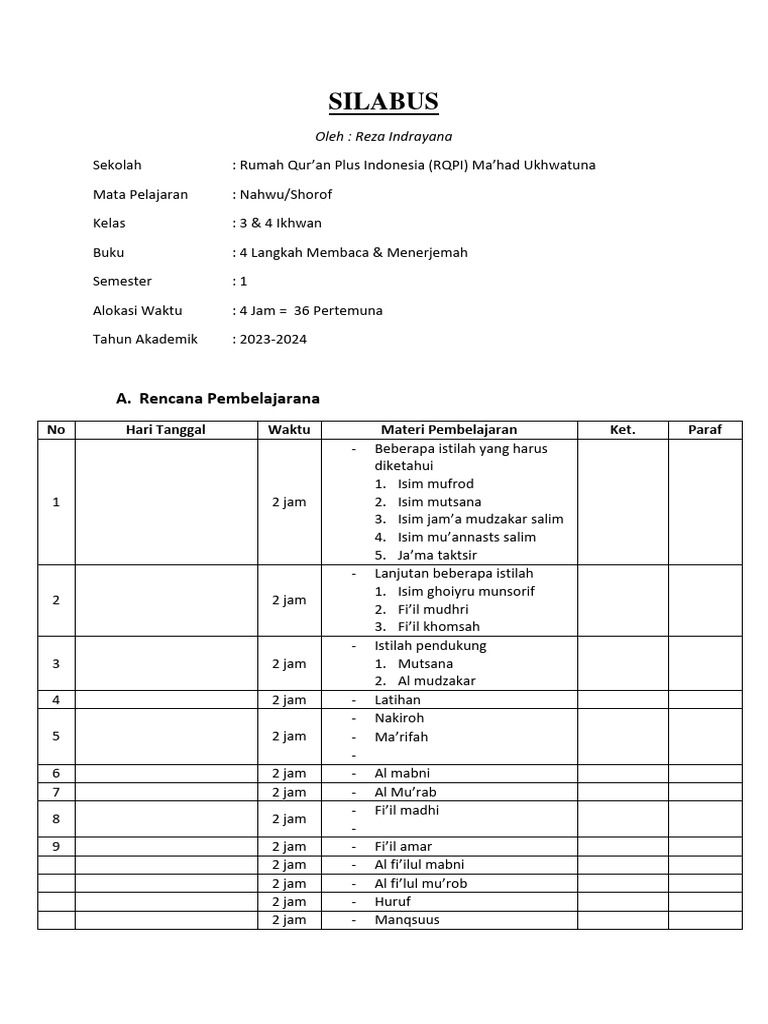 RPP Nahwu Dan Shorof Kelas 3 &4 | PDF