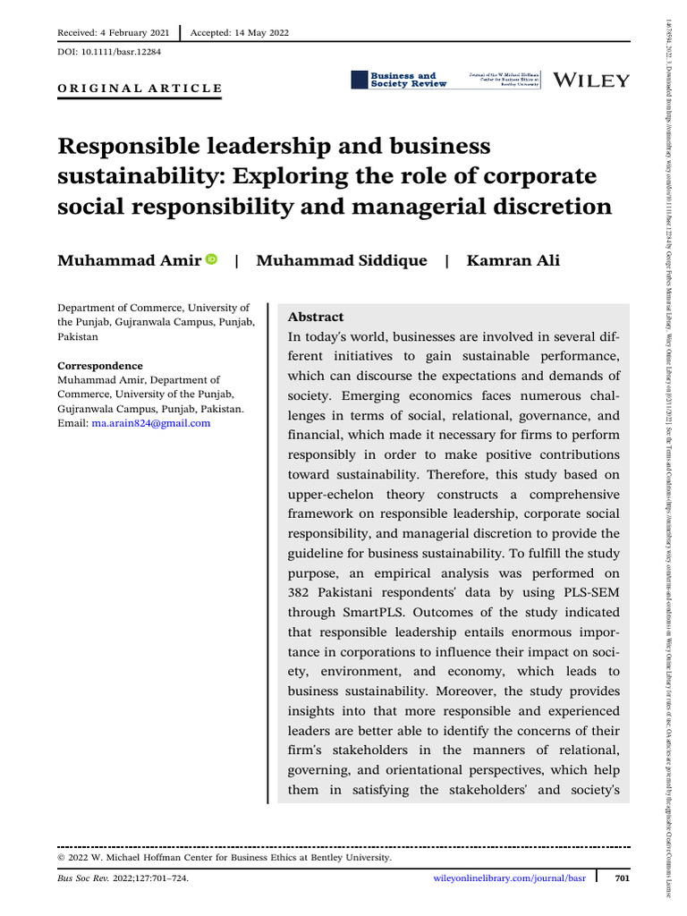 Business and Society Review - 2022 - Amir - Responsible Leadership and Business Sustainability ...
