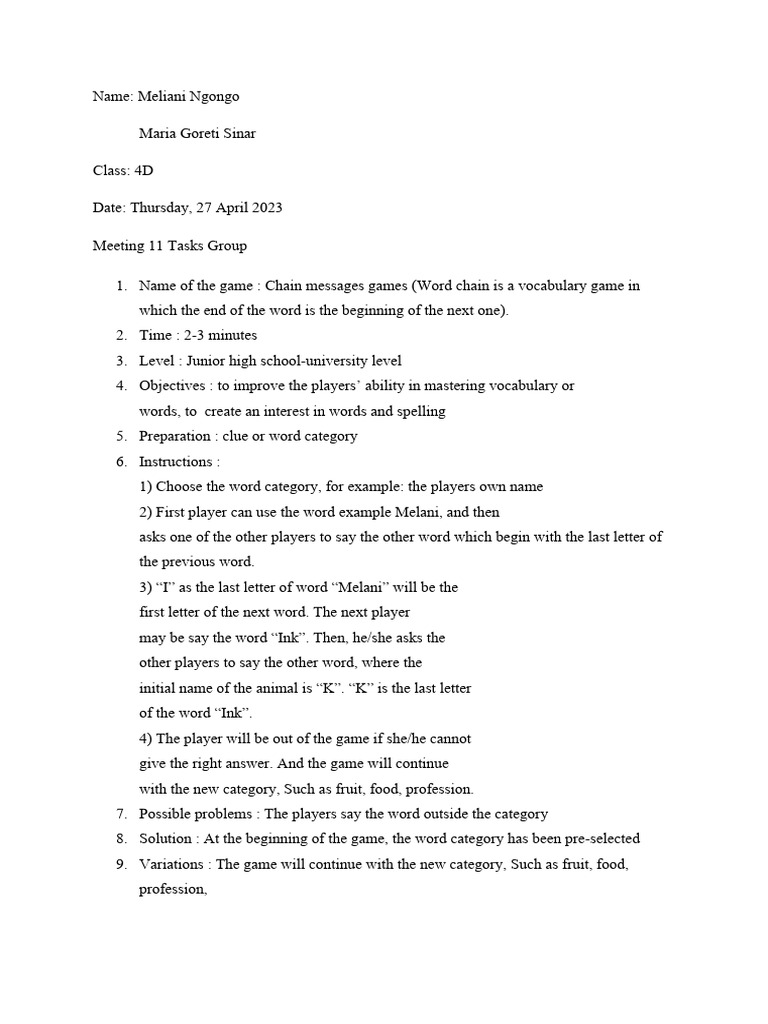 Chain Messages Games | Download Free PDF | Learning | Reading Comprehension