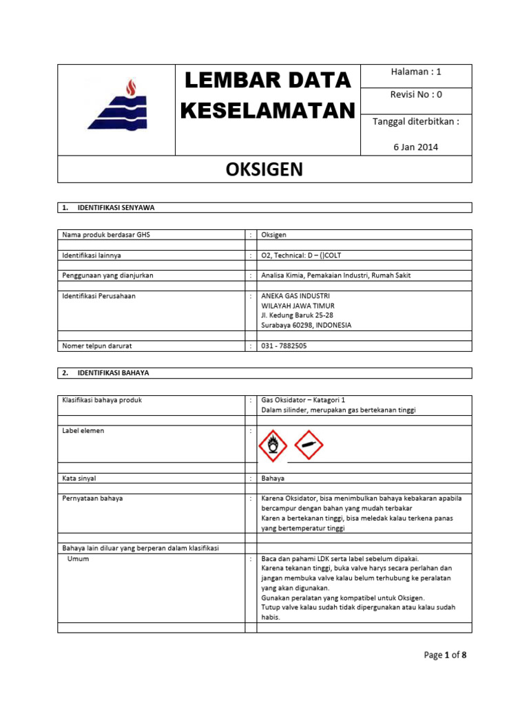 10 MSDS O2 (Oksigen) - Indonesia | PDF