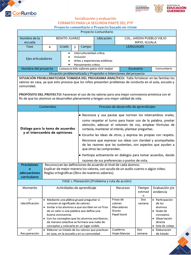 Proyecto VALORES | PDF | Evaluación