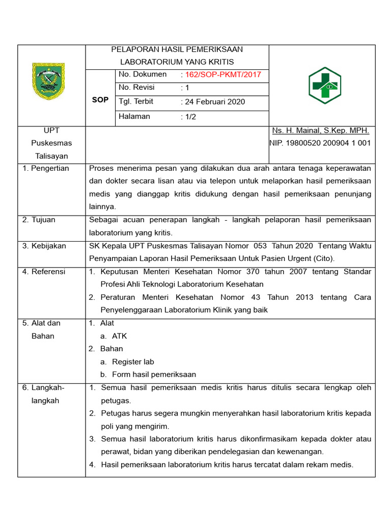 SOP PELAPORAN HASIL PEMERIKSAAN LABORATORIUM YANG KRITIS (1) dari mas ari | PDF