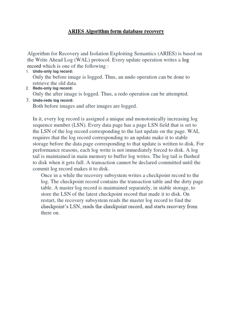 ARIES Algorithm Form Database Recovery | PDF