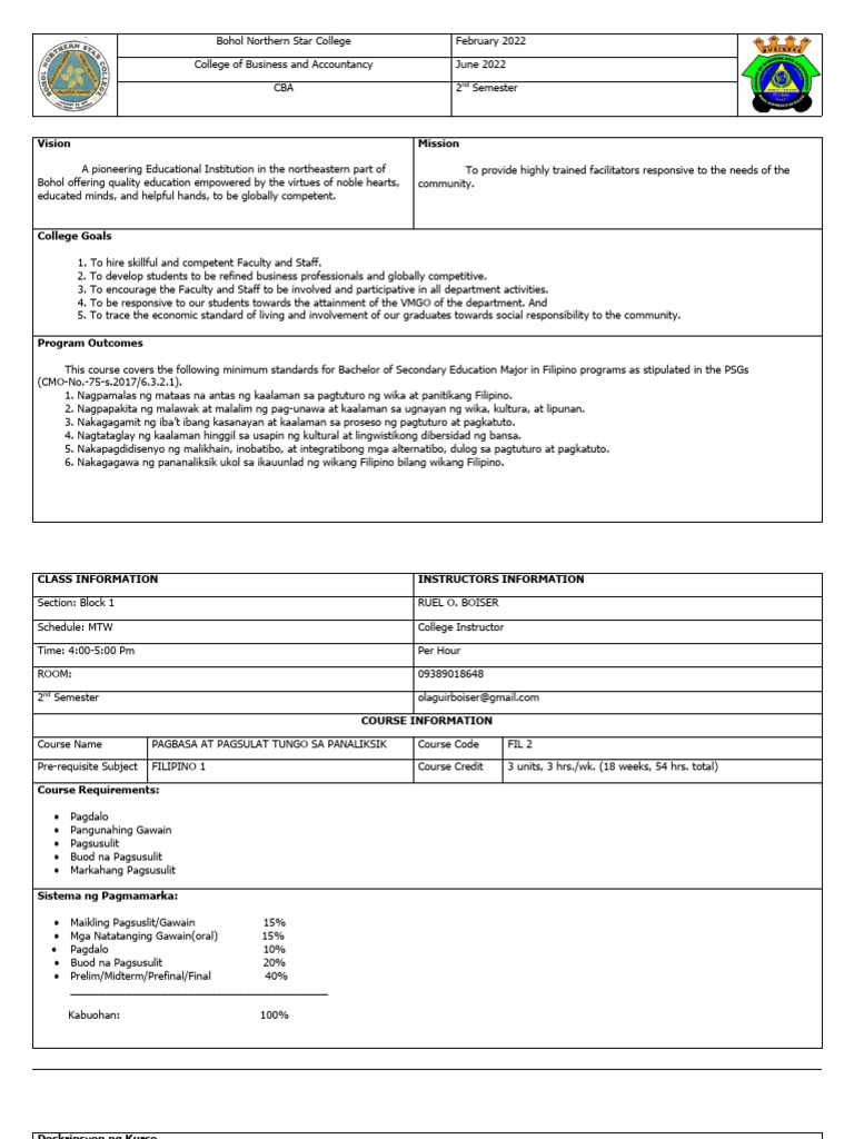 SYLLABUS Filipino 102 Pananaliksik | PDF