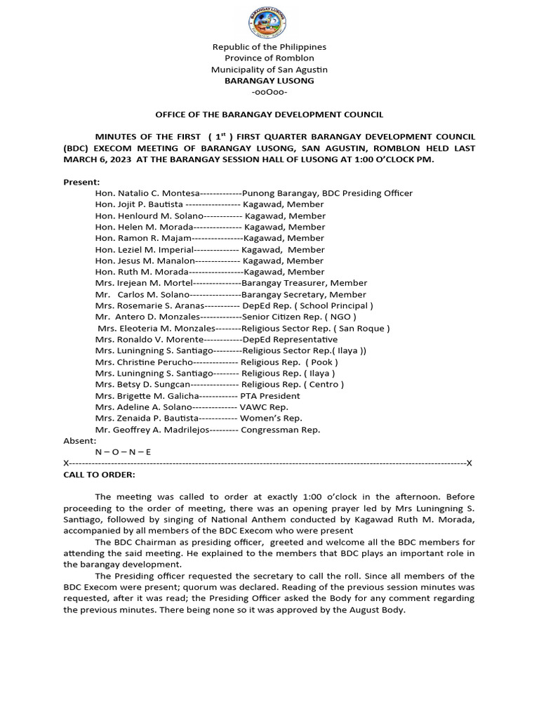 1st Quarter BDC Execom Meeting March 6, 2023 | PDF | Government